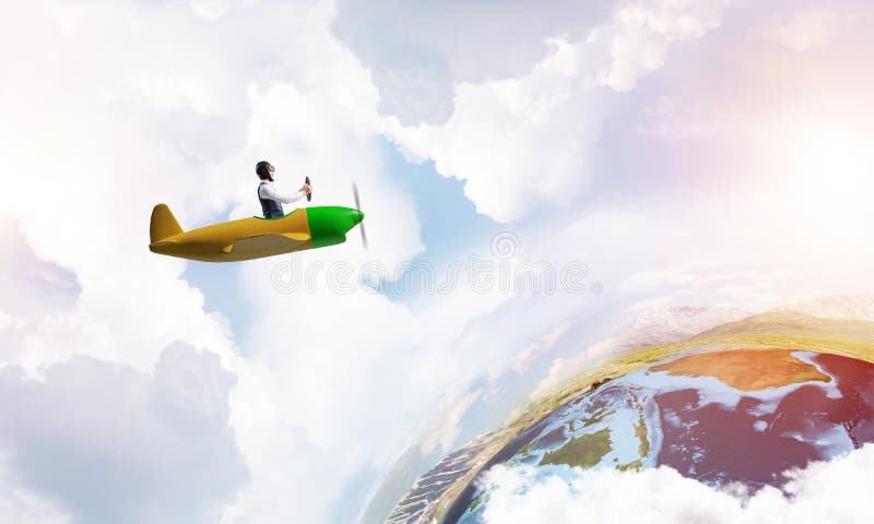 Happy Pilot Driving Small Propeller Plane Stock Photo - Image of clouds ...
