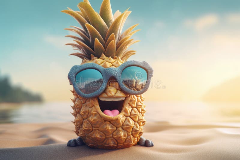 Happy Pineapple Character on Beach. Generate Ai Stock Illustration ...