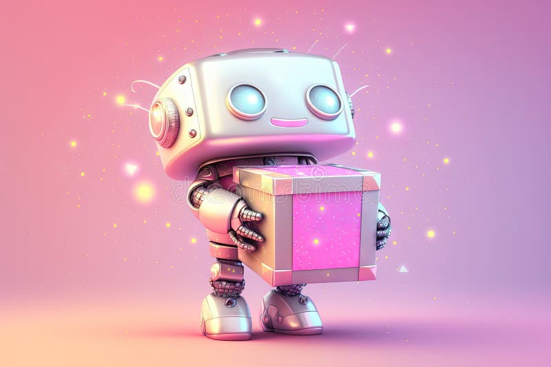 Happy Pink Robot with a Gift Box Stock Illustration - Illustration of ...