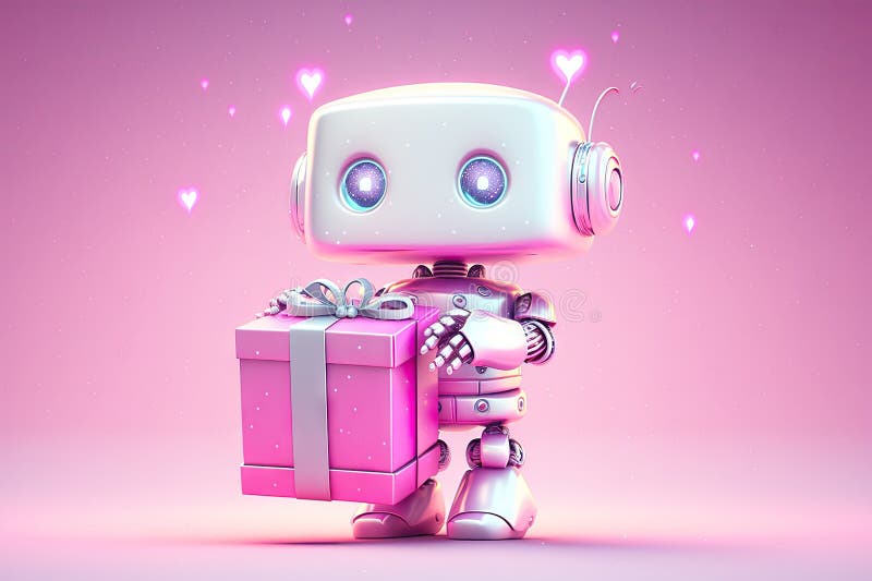 Happy Pink Robot with a Gift Box Stock Illustration - Illustration of ...