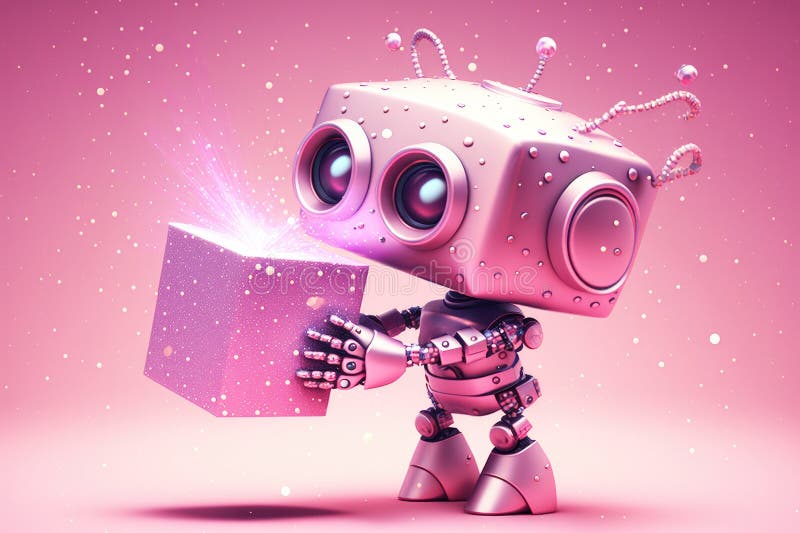 Happy Pink Robot with a Gift Box Stock Illustration - Illustration of ...