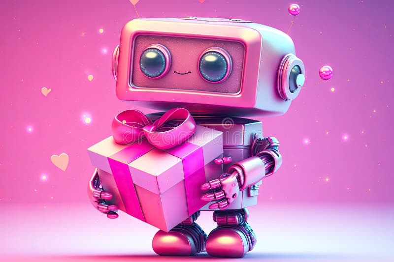 Happy Pink Robot with a Gift Box Stock Illustration - Illustration of ...