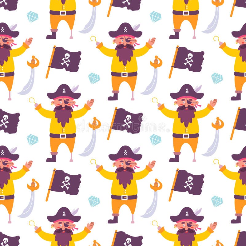 Happy Pirate with Flag, Sword and Diamonds on White Background, Vector ...