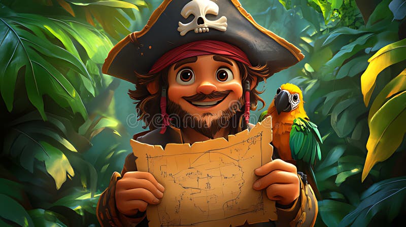 Happy Pirate, Jungle Map, Parrot, Adventure Game Stock Illustration ...
