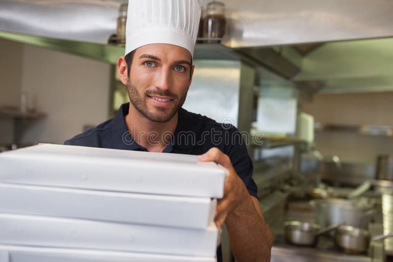 Happy Pizza Chef Holding Stack Pizza Boxes Stock Photos - Free ...