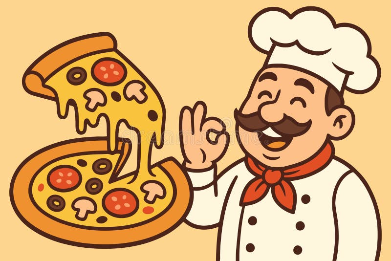 Happy Pizza Chef Showing Delicious Melted Cheese Pizza Stock Vector ...