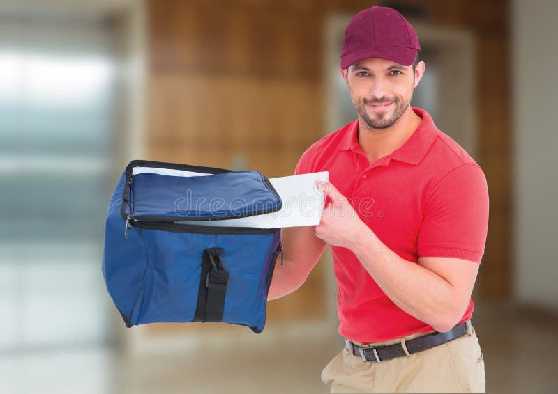 Happy Pizza Deliveryman with Delivery Bag and Boxes in Front of the ...
