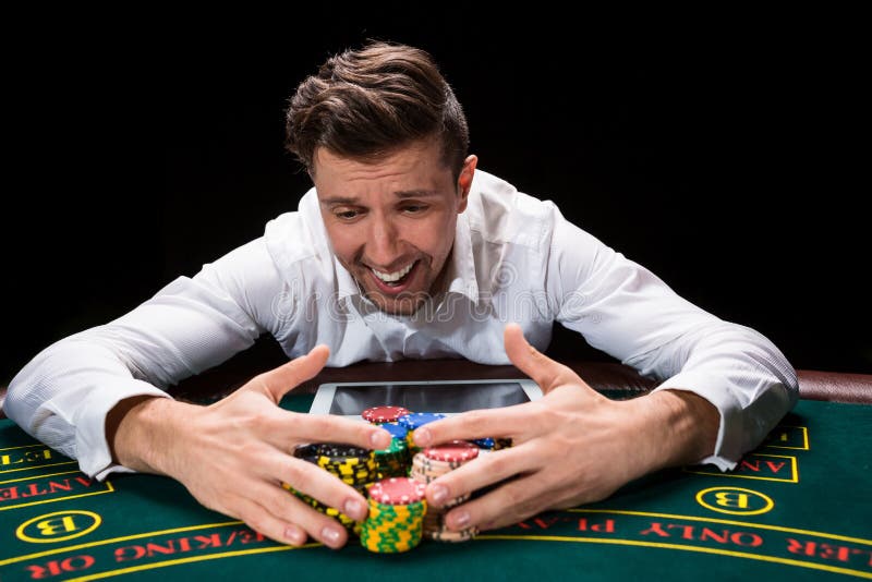Happy player online poker stock photo. Image of checking - 81478358