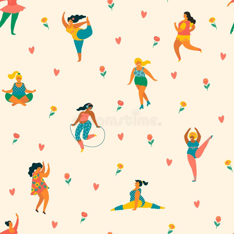 Happy Plus Size Girls and Active Lifestyle. Vector Seamless Pattern ...