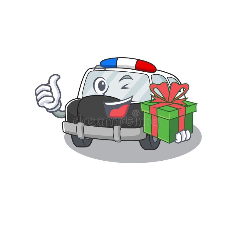 Happy Police Car Character Having a Gift Box Stock Vector ...