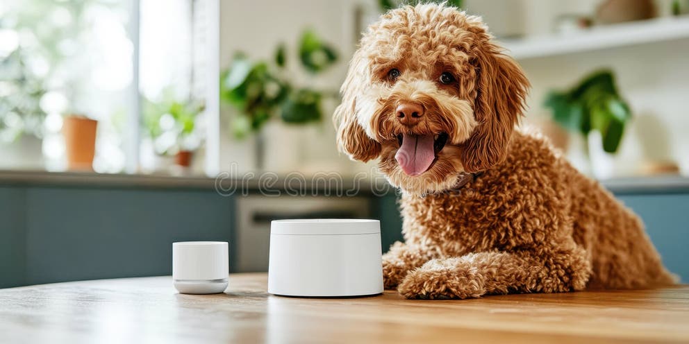 Happy Poodle with Smart Speakers in Modern Kitchen Setting Stock ...