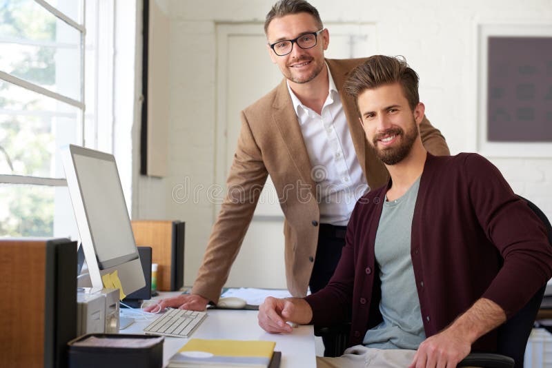 Happy, Portrait and Men on Computer in Office for Research, Planning ...