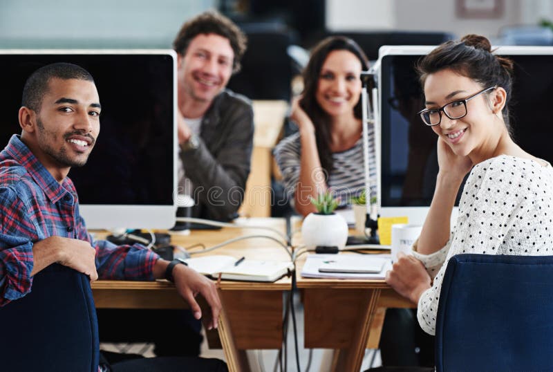 Happy, Portrait and Teamwork in Office at Computer for Planning ...