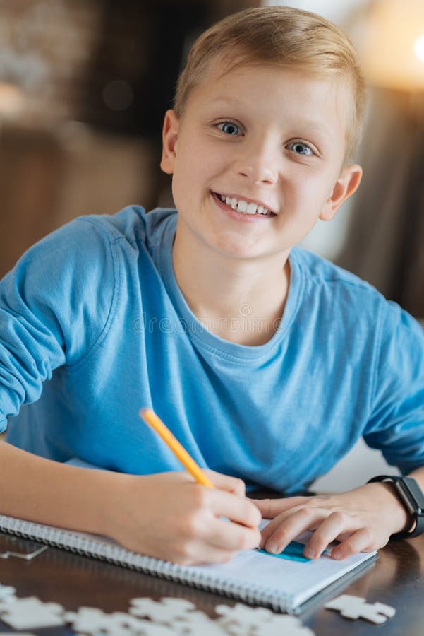 Happy Positive Boy Doing a School Task Stock Image - Image of ...
