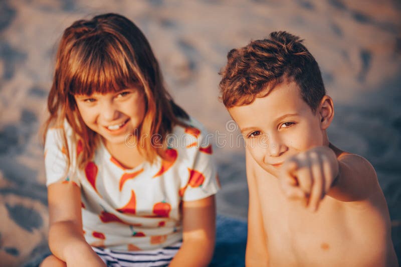 Happy Positive Children Playing on the Beach Stock Image - Image of ...