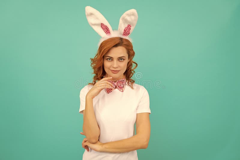 Happy Positive Easter Woman in Bunny Ears and Bow Tie on Blue ...