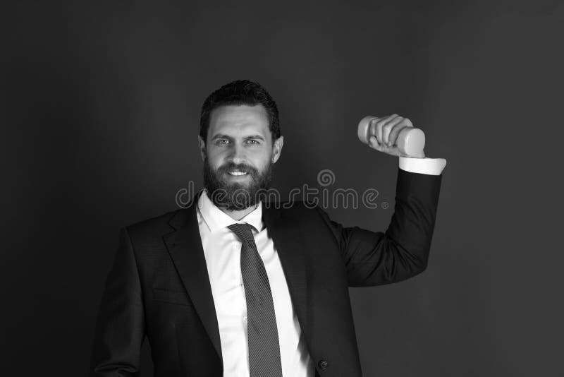 Happy Powerful Man or Smiling Businessman with Heavy Barbell, Business ... Happy Powerful Man or Smiling Businessman with Heavy Barbell, Business ...