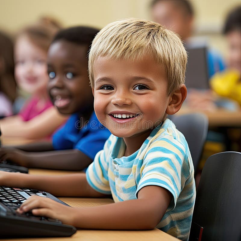 Happy Preschool Boy Learning on Computer Stock Illustration ...