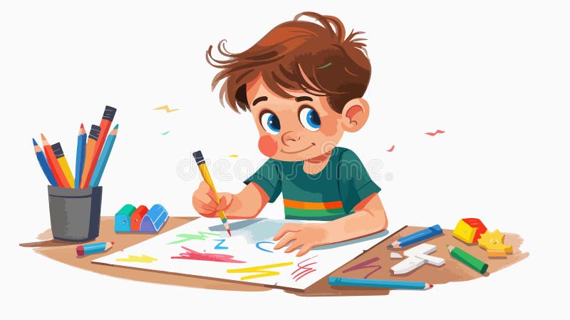 Happy Preschool Kid Drawing on Paper at Table: Creative Learning ...