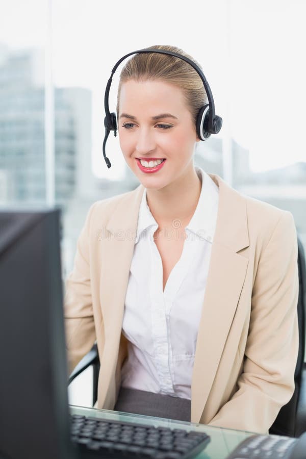 Happy Pretty Agent Wearing Headset Dealing with Customer Stock Image ...