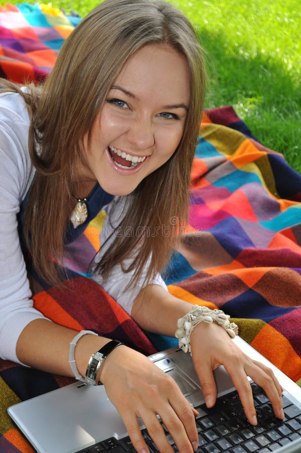 Happy Pretty Russian Model Typing Computer Stock Photo - Image of ...