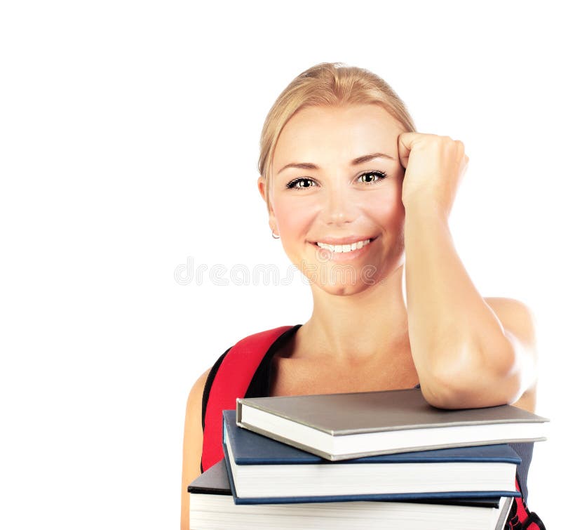 Happy Student Girl with Book Rising Hand To Answer Stock Image - Image ...