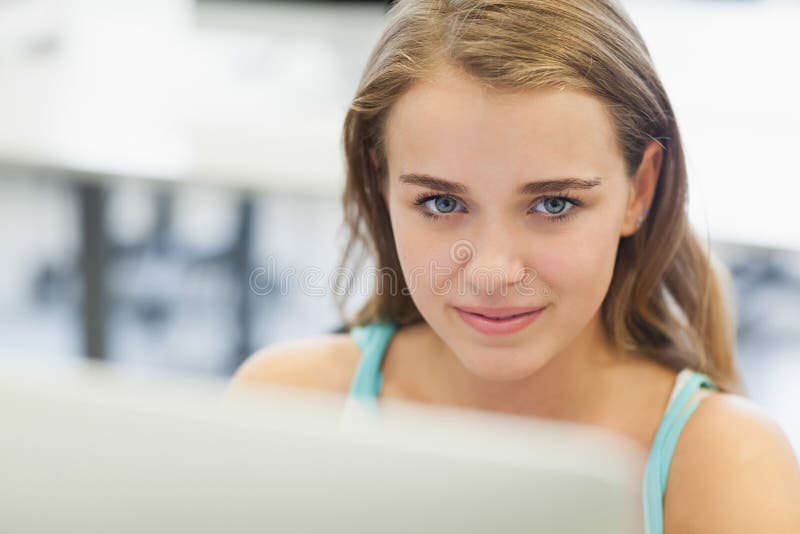 Happy Pretty Student Working on Computer Stock Photo - Image of monitor ...
