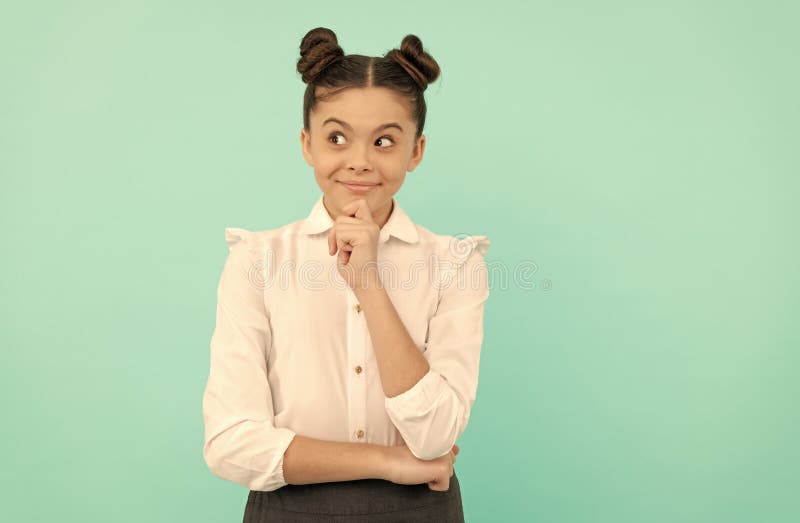 Happy Primary School Kid Think Looking Away Blue Background, Thinking ...