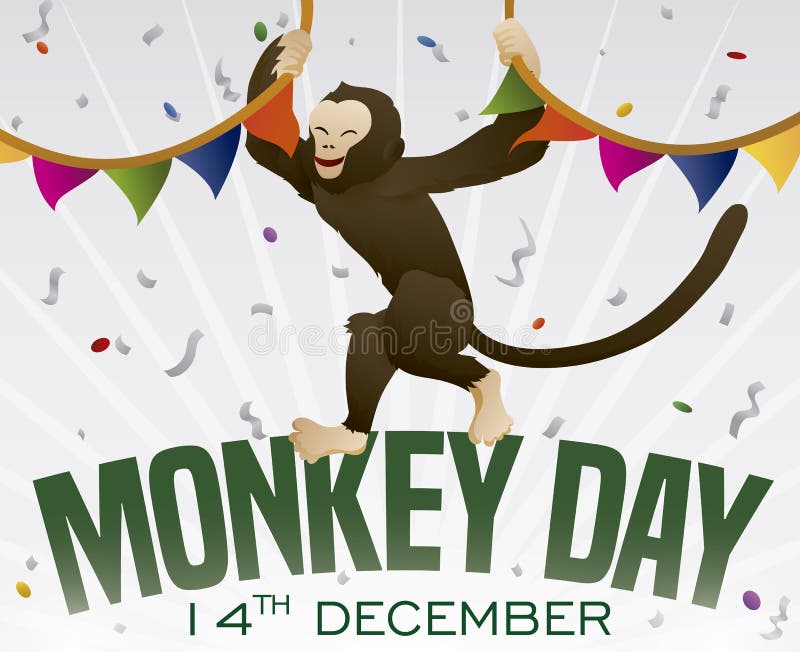 Happy Primate Hanging in Pennants and Confetti Celebrating Monkey Day ...