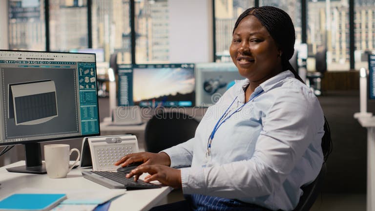 Happy Product Developer in Office Using Advanced Solar Cell Technology ...