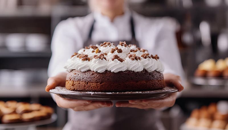 Happy Professional Confectioner Holding Delicious Cake in Kitchen ...