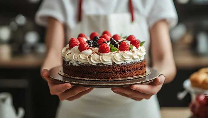 Happy Professional Confectioner Holding Delicious Cake in Kitchen ...