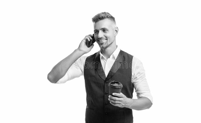 Happy Professional Guy Talking on Mobile Phone during Coffee Break ...