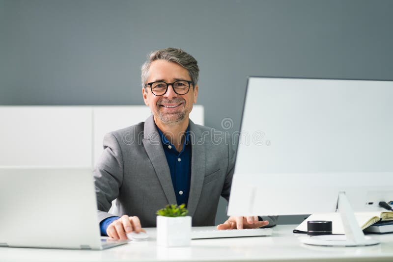 Happy Professional Man Employee Using Computer Stock Image - Image of ...
