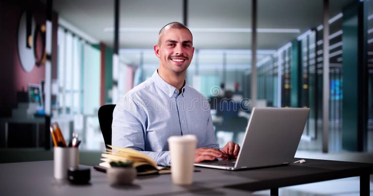Happy Professional Man Employee Using Computer Stock Image - Image of ...