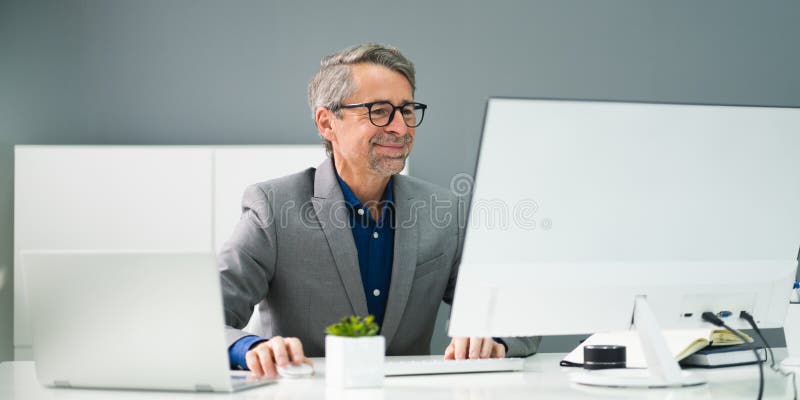 Happy Professional Man Employee Using Computer Stock Photo - Image of ...