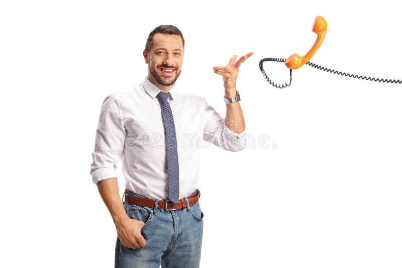 Happy Professional Man Throwing a Rotary Phone with a Cable Stock Photo ...