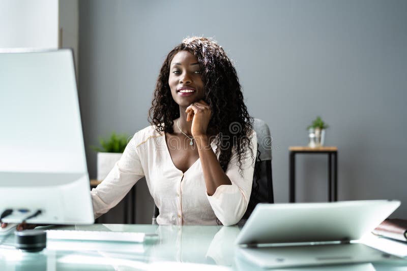Happy Professional Woman Employee Using Computer Stock Image - Image of ...