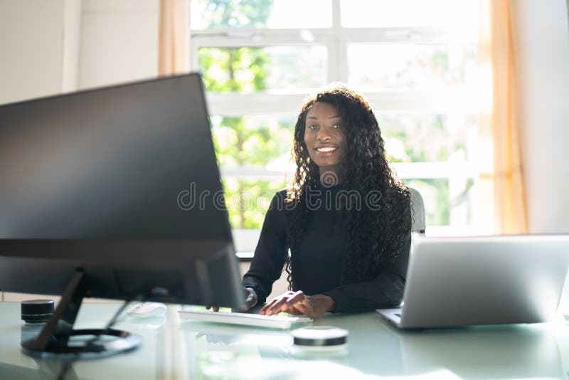 Happy Professional Woman Employee Using Computer Stock Image - Image of ...