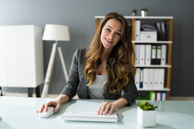 Happy Professional Woman Employee Using Computer Stock Photo - Image of ...