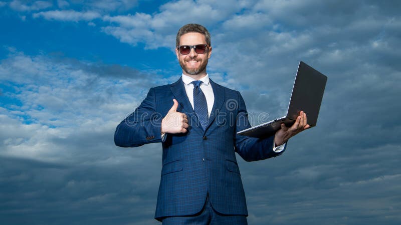 Happy Programmer Holding Laptop Computer Programmer Showing Thumb