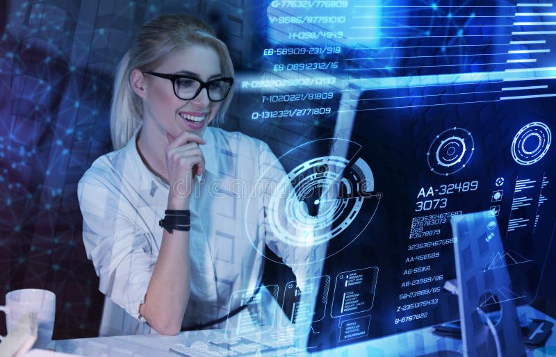 Happy Programmer Looking at the Transparent Screen of a Computer and ...