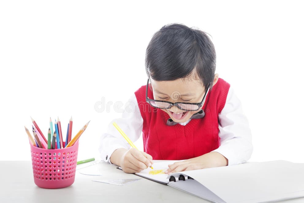 Happy Pupil Drawing with Crayons Stock Photo - Image of learn ...