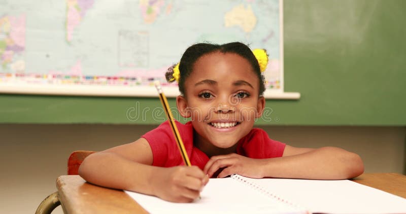 Happy Pupil Writing in Notepad at Desk at the Elementary School Stock ...