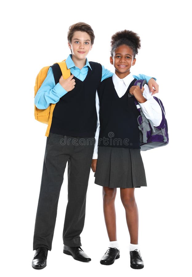 Happy Pupils in School Uniform on White Stock Photo - Image of friends ...