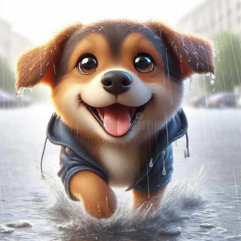 Happy Puppy Running through Puddles in the Rain. Stock Photo - Image of ...