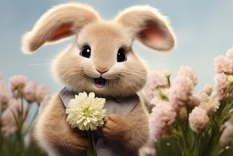 Happy Rabbit with a Bouquet of Flowers in a Clearing Stock Illustration ...