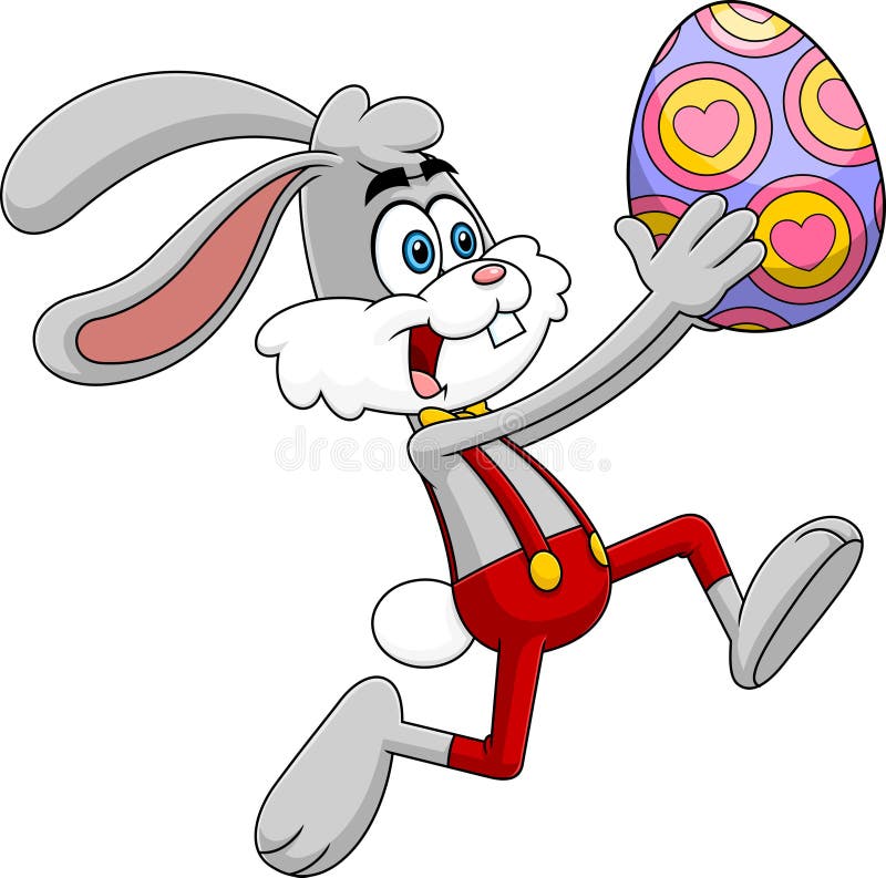 Happy Rabbit Cartoon Character Running with Colored Easter Egg Stock ...
