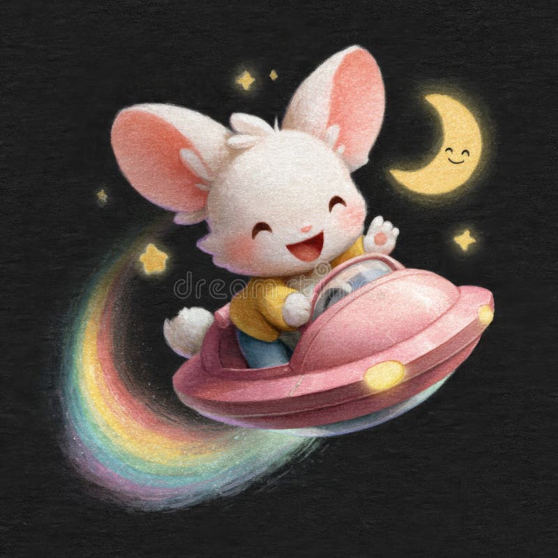Happy Rabbit in Pink Spaceship Flying through Rainbow Trail Stock ...
