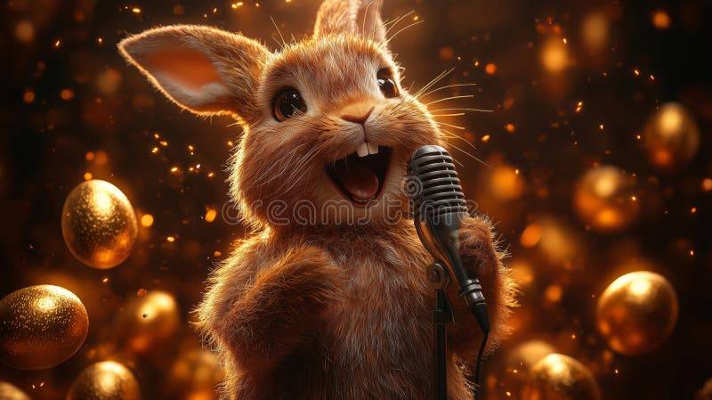 Happy Rabbit Singing Joyfully on Stage with Golden Accents Stock ...